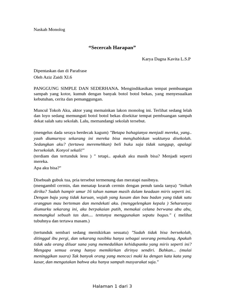 Monolog "Secercah Harapan" oleh Dagna | PDF