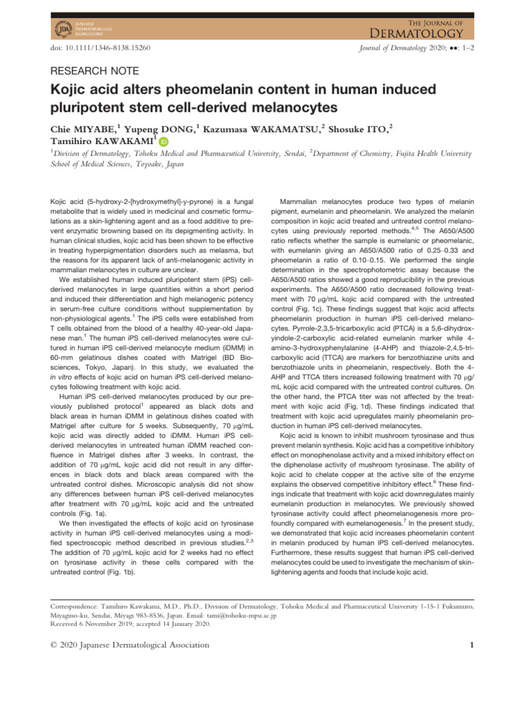 Kojic Acid Alters Pheomelanin Content in Human Induced Pluripotent ...