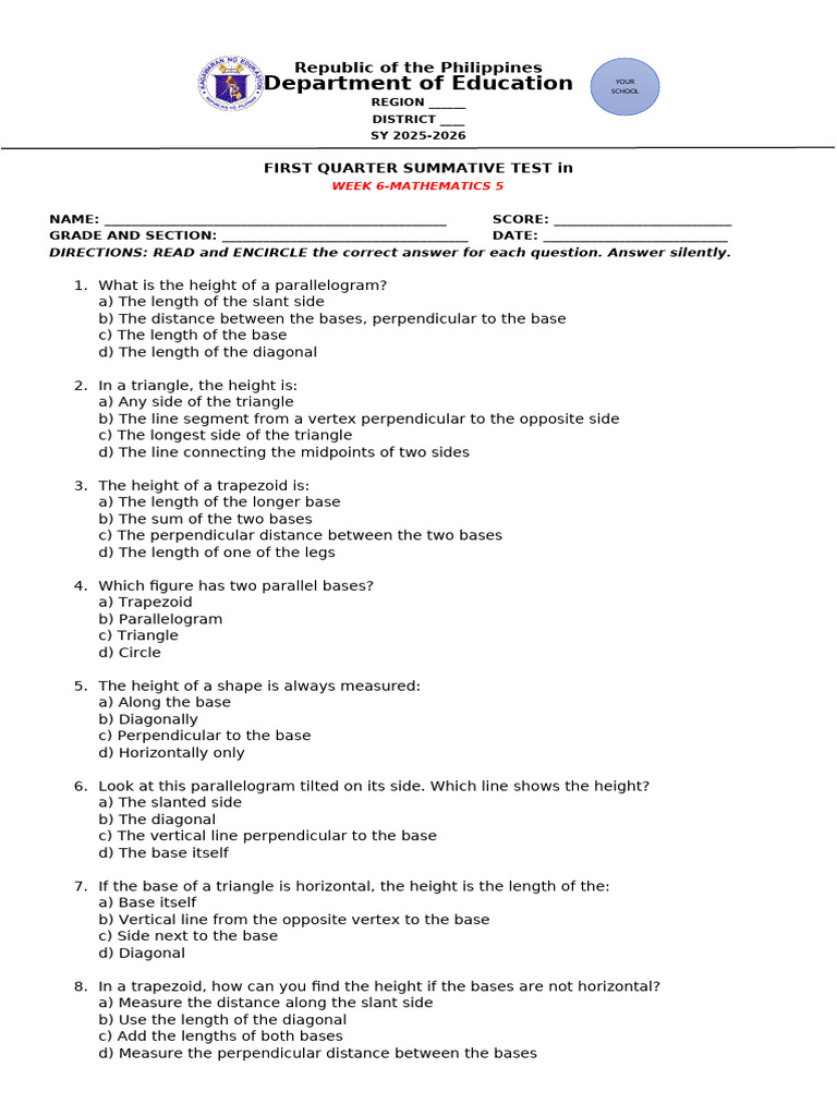 Week 6 Mathematics 5 Revised K12 | PDF | Area | Triangle