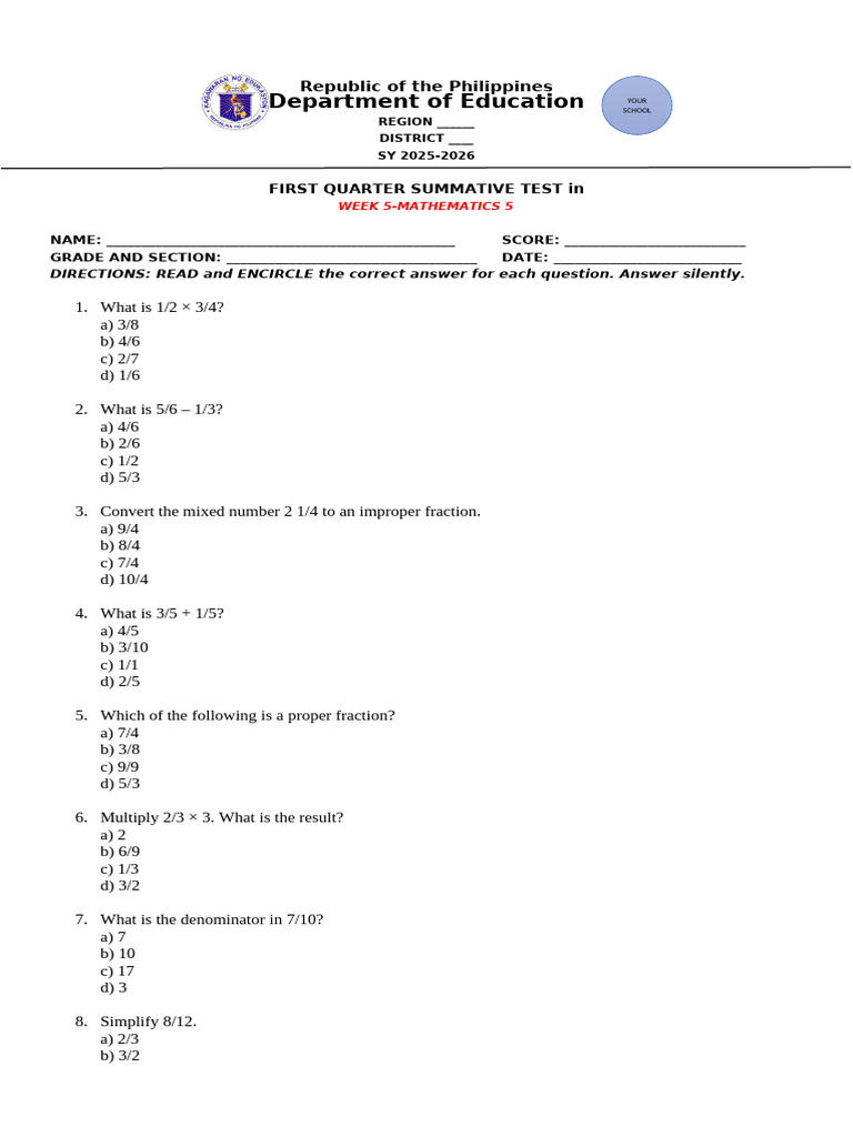 Mathematics 5 Summative Test 1st Quarter | PDF | Odds | Multiplication