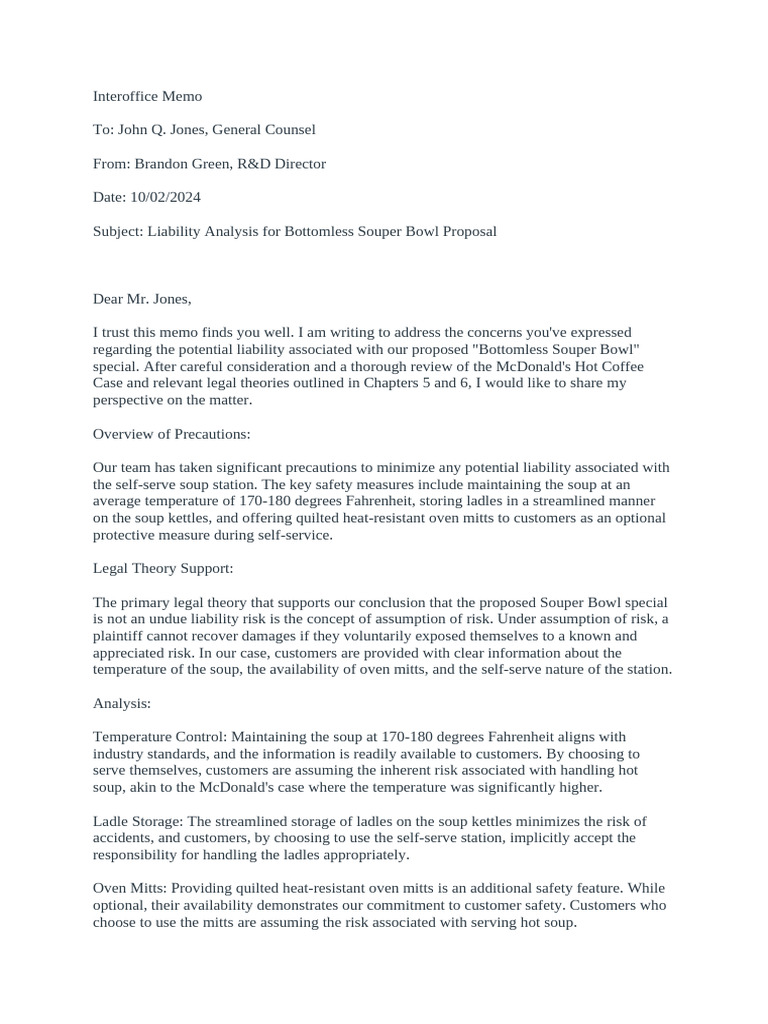 Interoffice Memo Brandon Green | PDF | Risk | Legal Liability