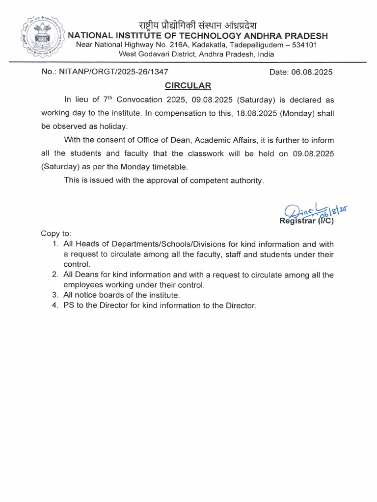 CIRCULAR - 7th COnvocation - Declaring Working Day On 09.08.2025 | PDF