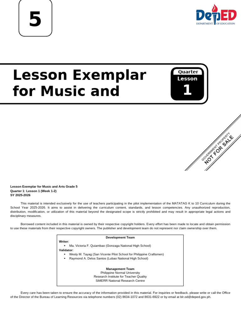 Grade 5 Music and Arts Lesson Plan | PDF | Teachers | Learning
