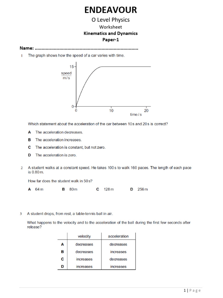 O Level Physics Worksheet Kinematics and Dynamics Paper 1 | PDF