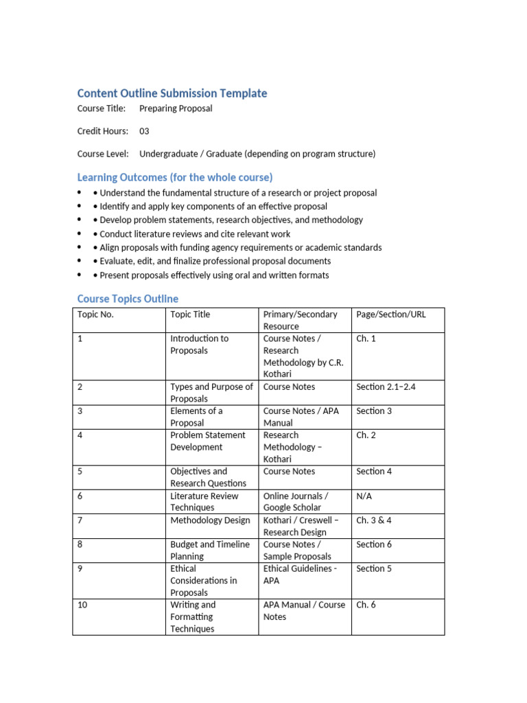 Proposal Writing Course Outline | PDF | Apa Style | Methodology