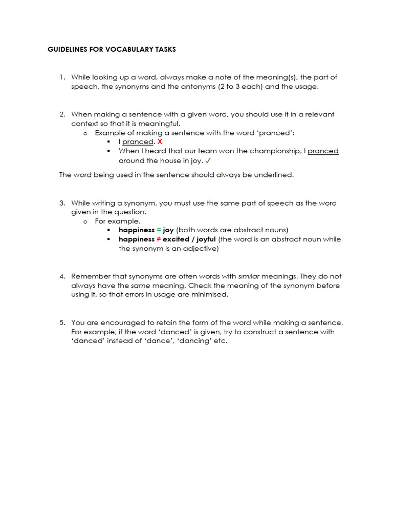 Guidelines For Vocabulary Tasks: Example of Making A Sentence With The ...