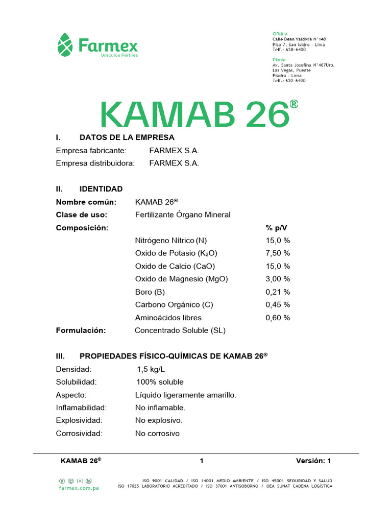 Ficha Técnica de KAMAB 26® | PDF | Laboratorios | Solubilidad