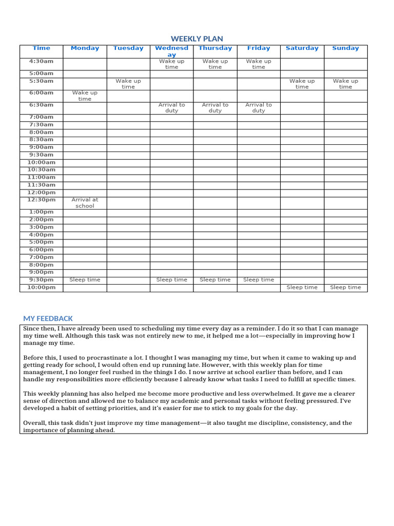 Weekly Time Management Plan | PDF