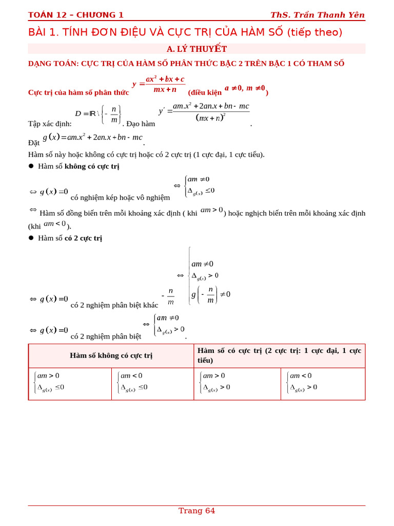 GT12. Chuong 1. Bai 1-7 Cuc Tri Cua Ham So Bac 2 Tren Bac 1 | PDF