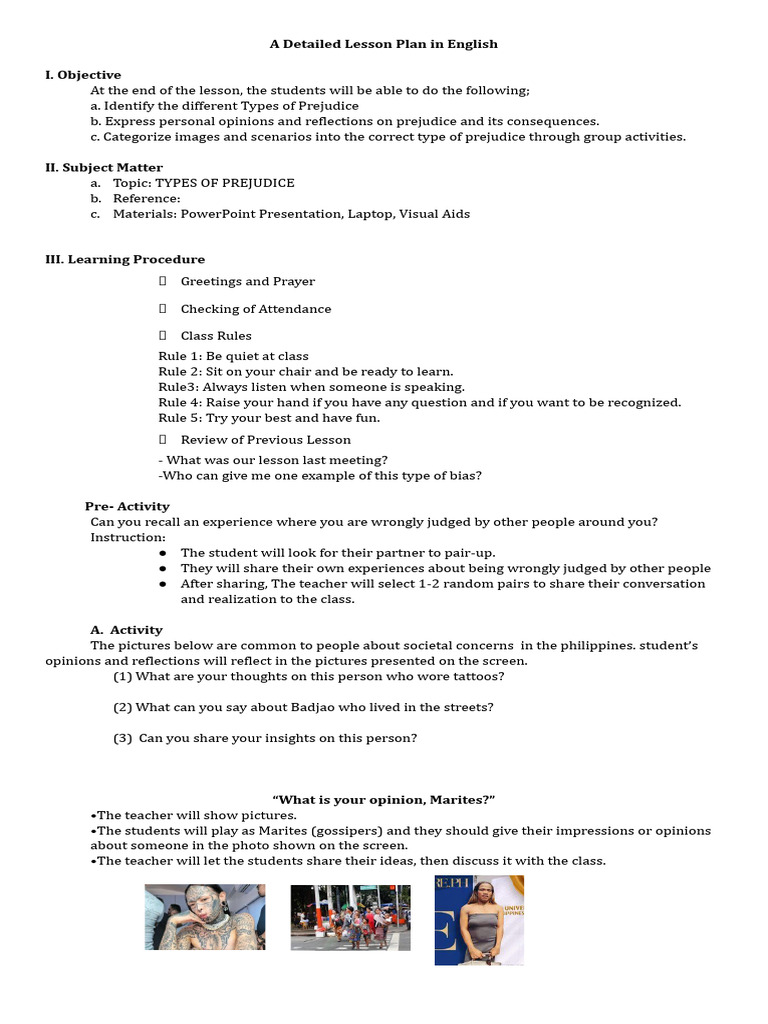 Types of Prejudice - Lesson Plan in English For Demo | PDF | Prejudices ...