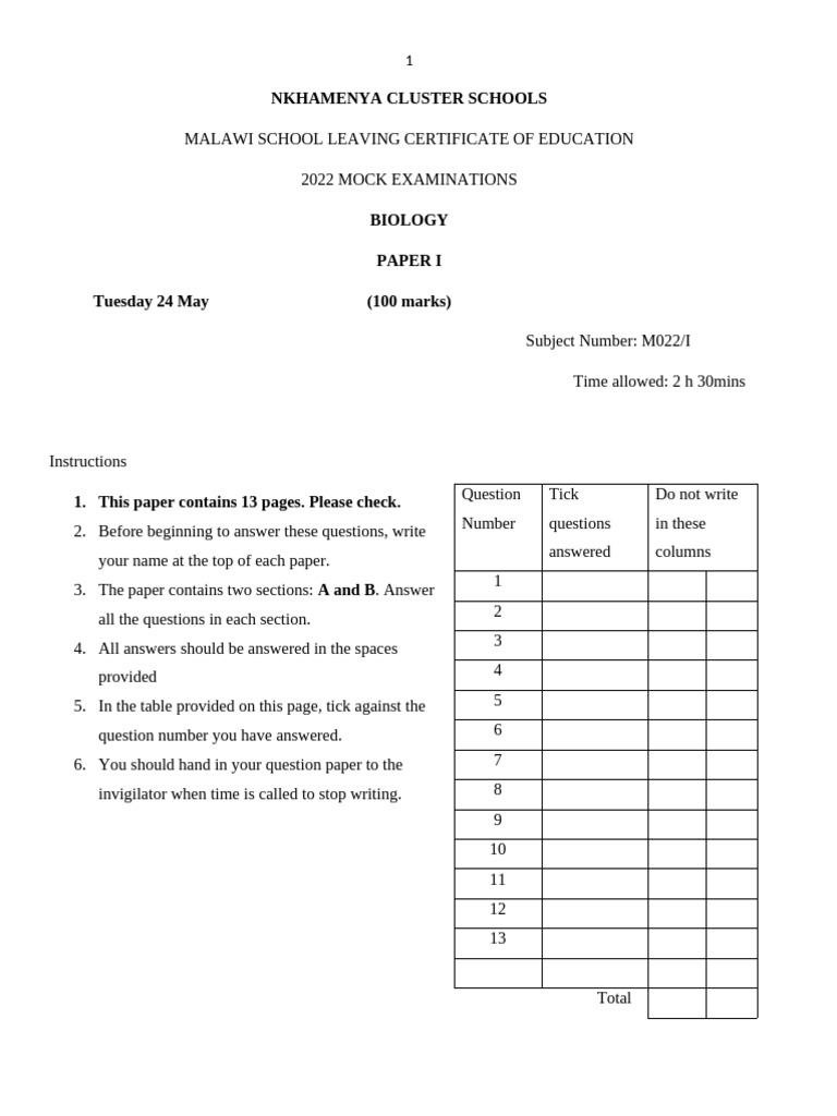 Msce 2022 Biology Paper I | PDF
