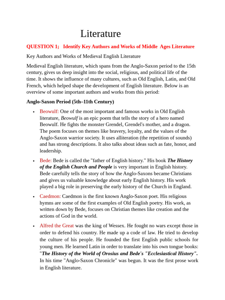 Literature Exam 1-38 | PDF | Beowulf | King Arthur