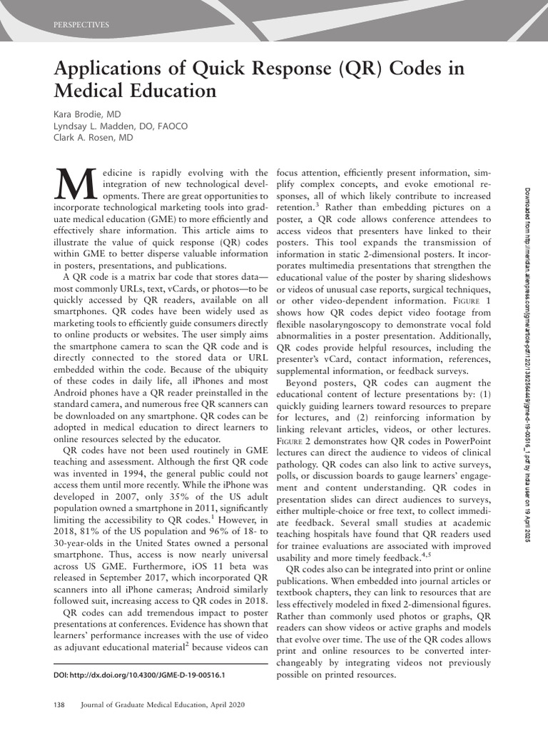 2020 - Applications of Quick Response (QR) Codes in Medical Education ...