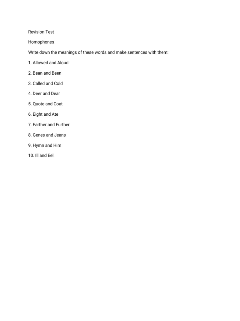 Revision Test Homophones | PDF