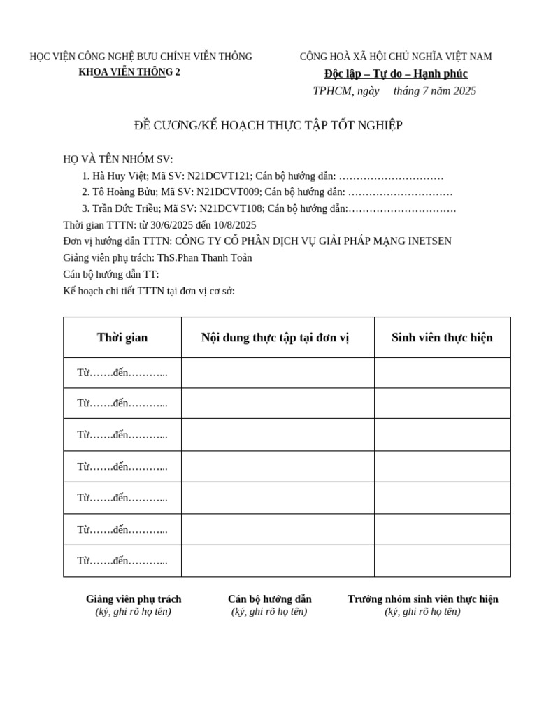 2025, Mau de Cuong Thuc Tap Tai Don Vi | PDF