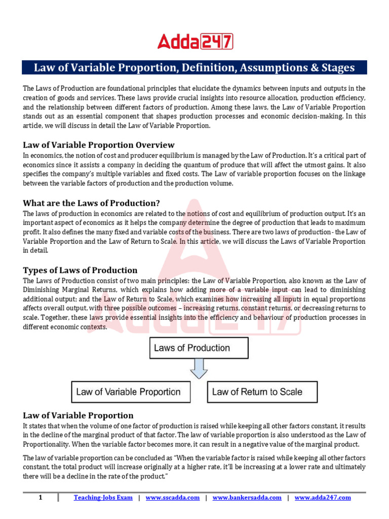 Law of Variable Proportion Explained | PDF | Economics | Economies