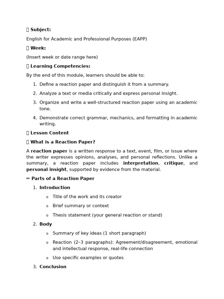 Reaction Paper MODULE | PDF