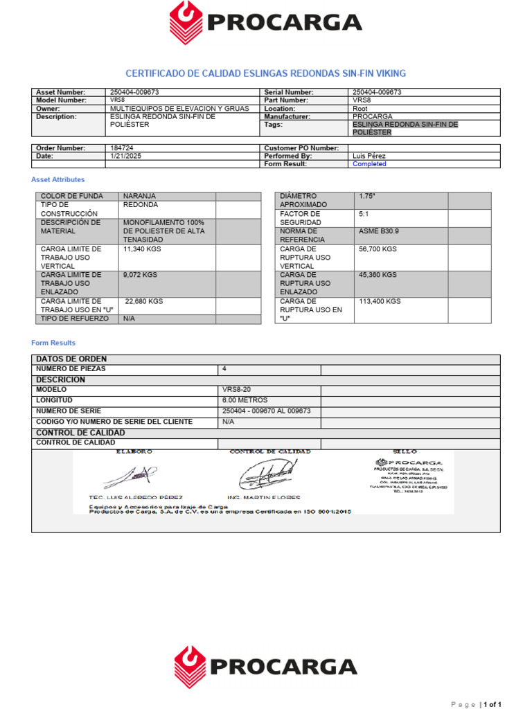 CERTIFICADO DE ESLINGAS | PDF | Evaluación | Análisis