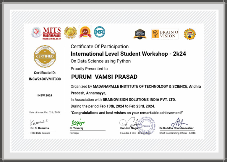 International Student Workshop 2024 On Data Science Using Python by Brainovision-Feb | PDF