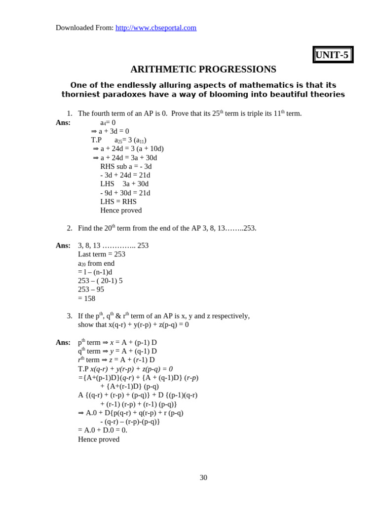 Chapter-5 (Arithmetic Progression) | PDF | Arithmetic | Number Theory