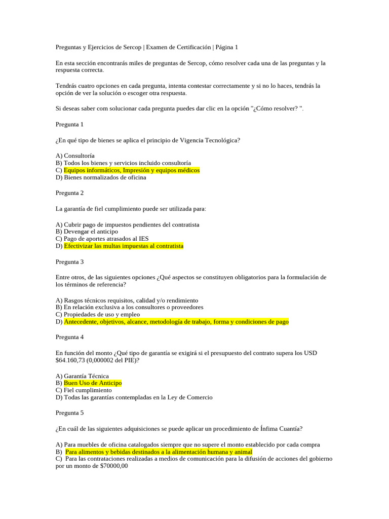 Preguntas y Ejercicios de Sercop | PDF | Subasta | Presupuesto