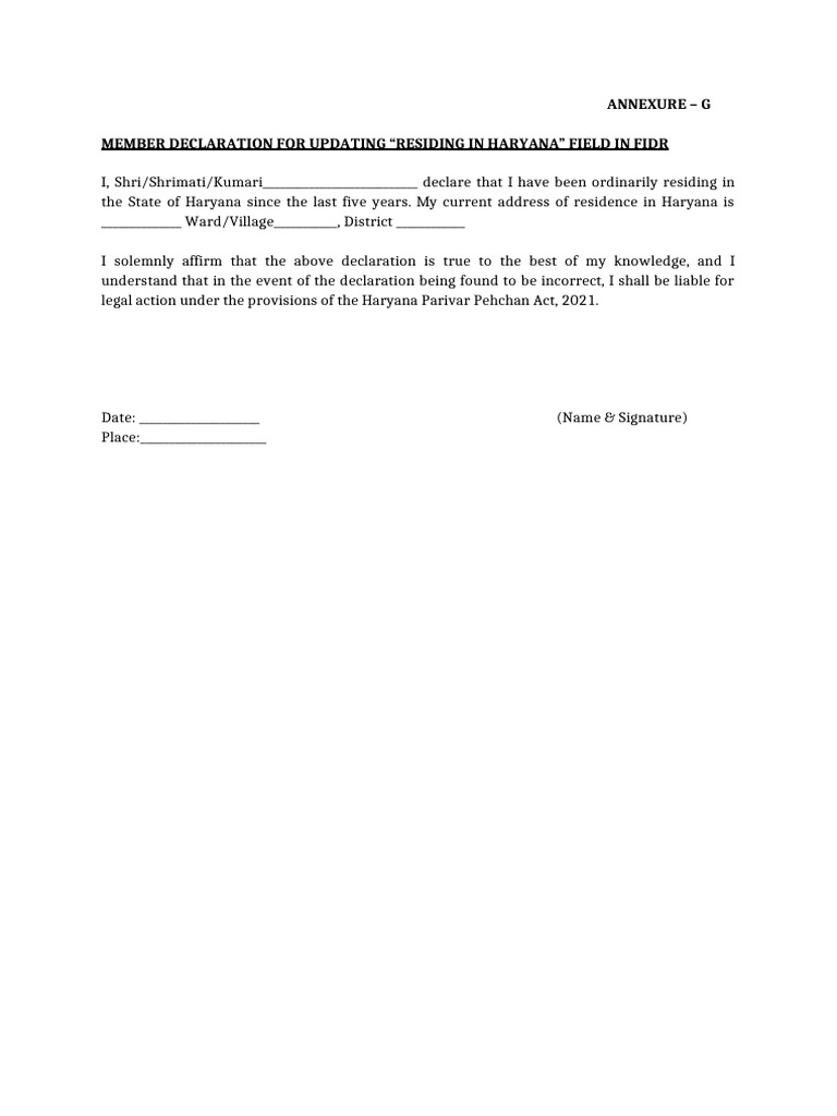 Haryana Resident Self-Declaration Form | PDF