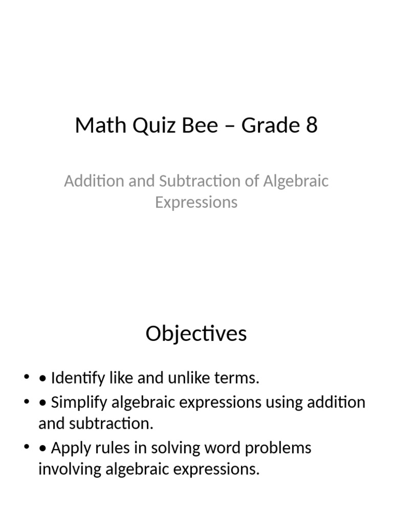 Math Quiz Bee Grade8 Algebraic Expressions | PDF