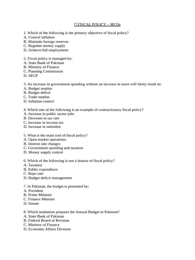 Test 1 - Fiscal Policy and Monetary Policy | PDF | Fiscal Policy ...
