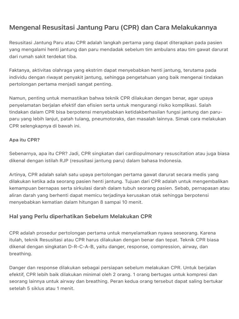 Mengenal Resusitasi Jantung Paru (CPR) dan Cara Melakukannya | PDF