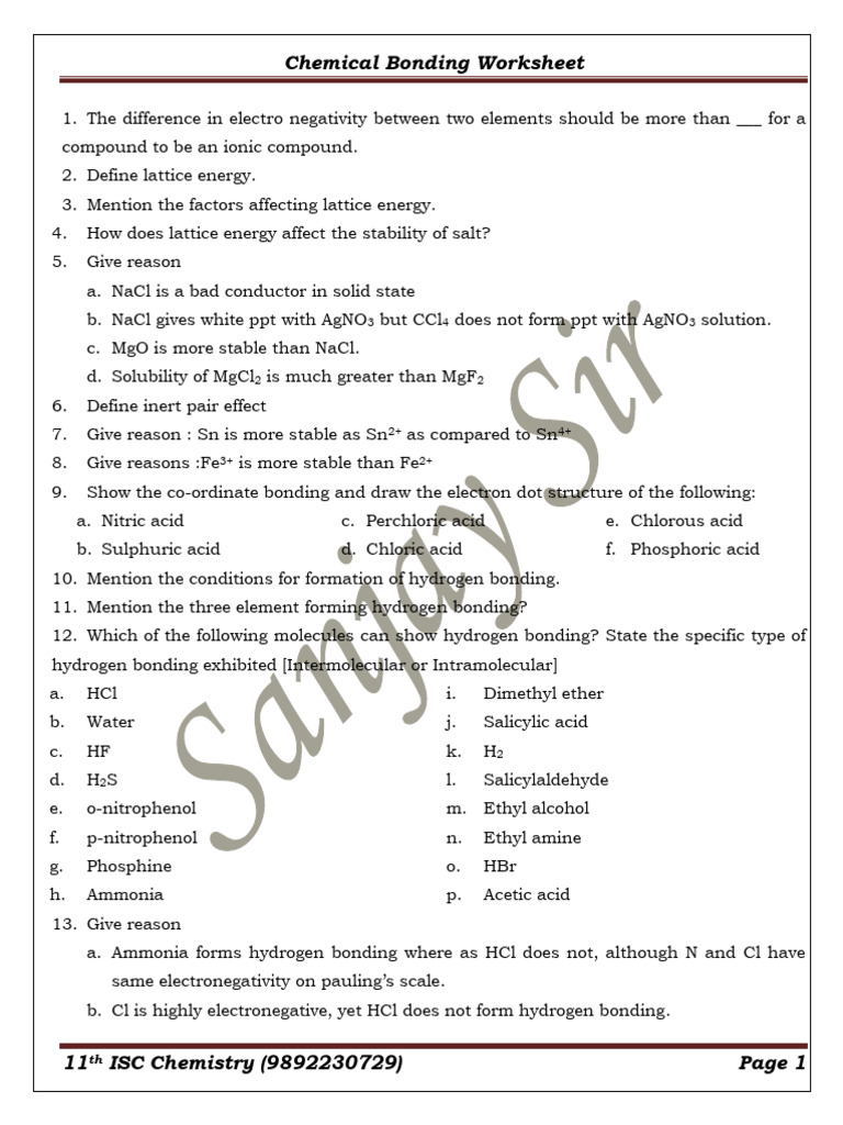 Chemical Bonding Worksheet - NPS | PDF | Acid | Chemical Bond