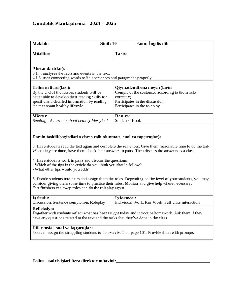 10th Grade English Lesson Plan 2024-2025 | PDF