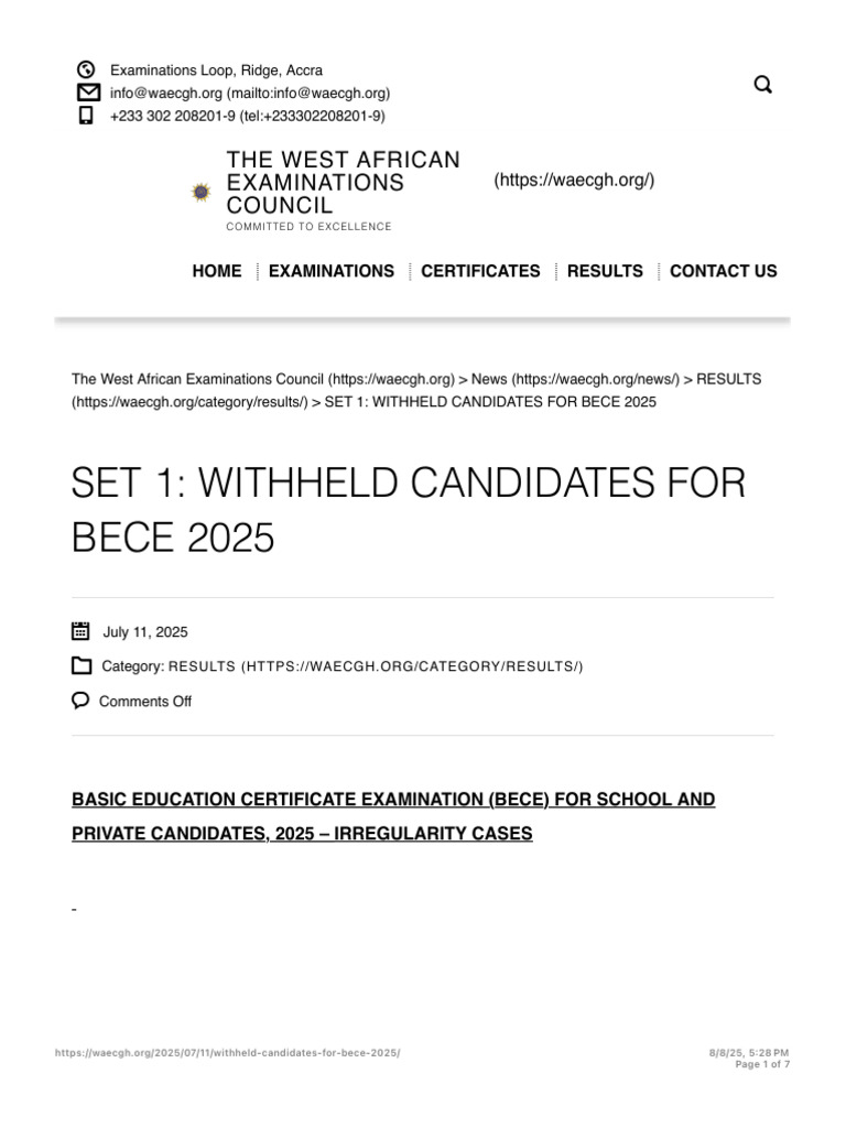BECE 2025 Withheld Candidates List | PDF | Qualifications | Secondary ...