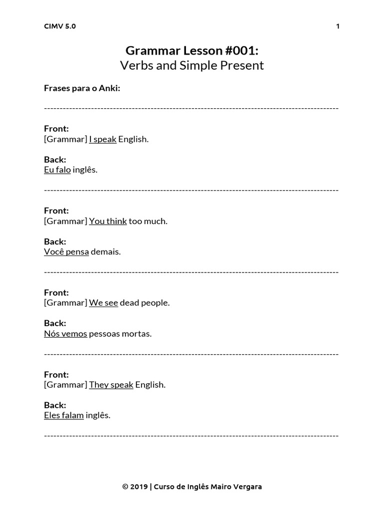 PDF Grammar Lesson 001 Verbs and Simple Present | PDF