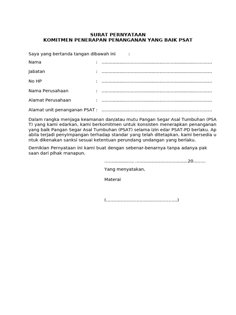 Template Pernyataan SPPB Izin Edar PSAT | PDF