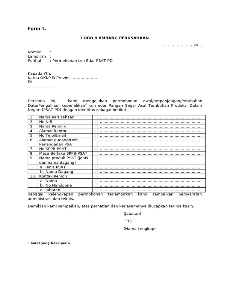 Template Permohonan Izin Edar PSAT | PDF