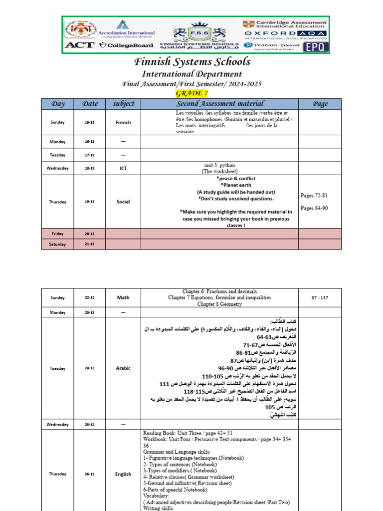 Grade 7.Final Assessment Timetable | PDF