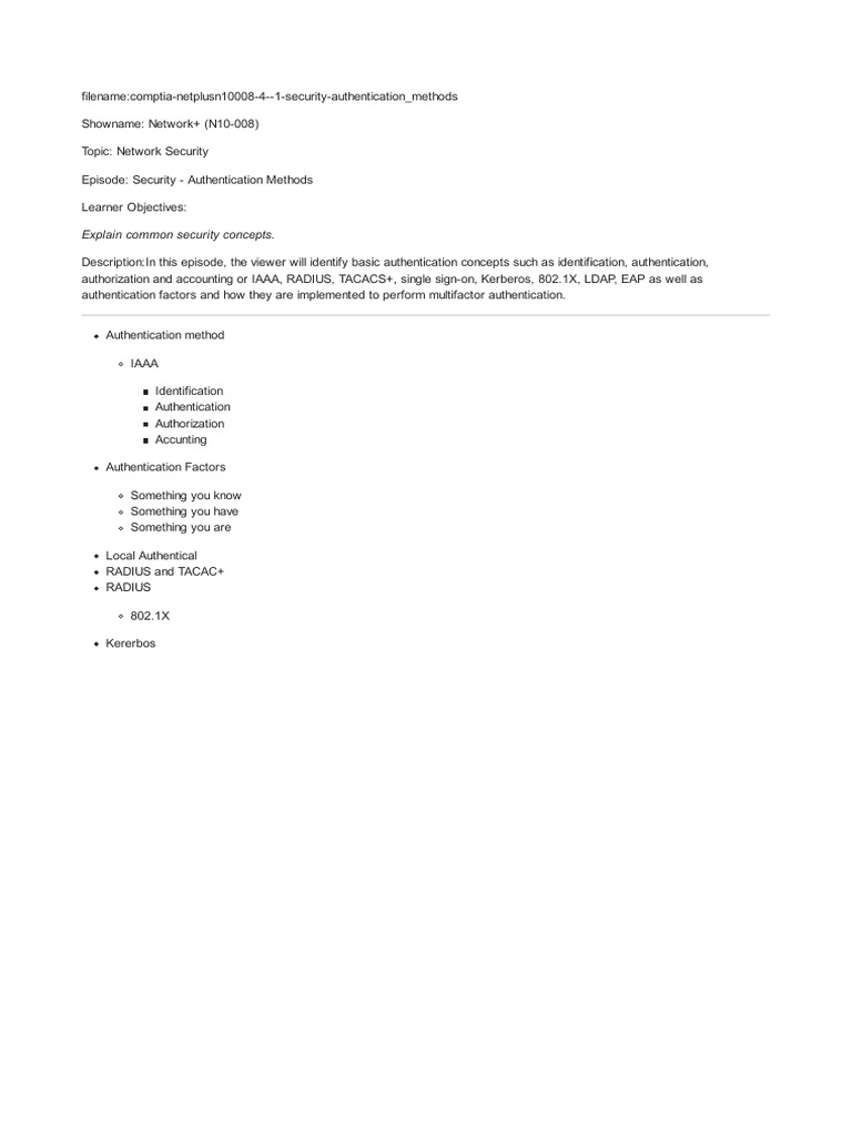 Comptia Netplusn10008 4 1 Security Authentication Methods | PDF