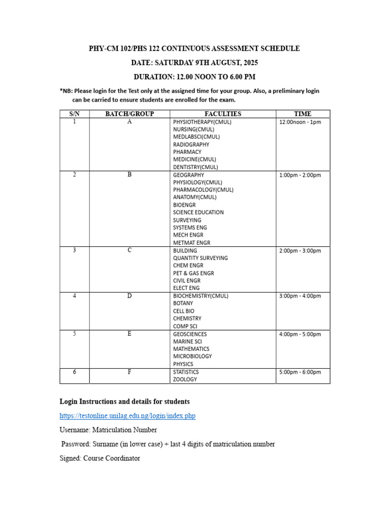 PHY-CM 102 (Continous Assesment Schedule) | PDF | Health Care