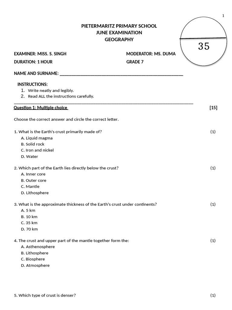 Geography Grade 7 - June 2025 Examination | PDF | Crust (Geology ...