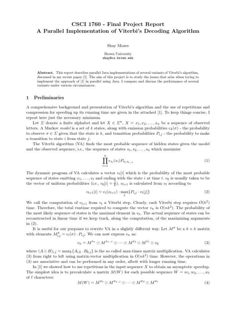 CSCI 1760 - Final Project Report A Parallel Implementation of Viterbi's Decoding Algorithm | PDF ...