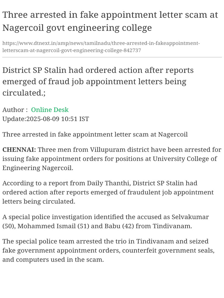 Three Arrested in Fake Appointment Letter Scam at | PDF