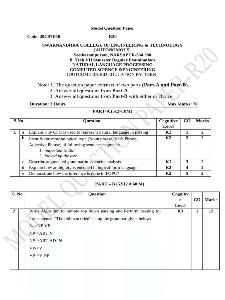 R20-NLP Model Question Paper | PDF | Parsing | Phrase