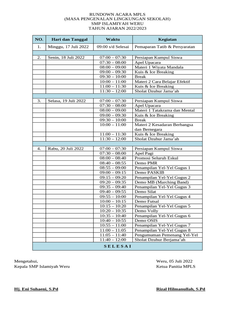 Rundown MPLS SMP Islamiyah 2022 | PDF