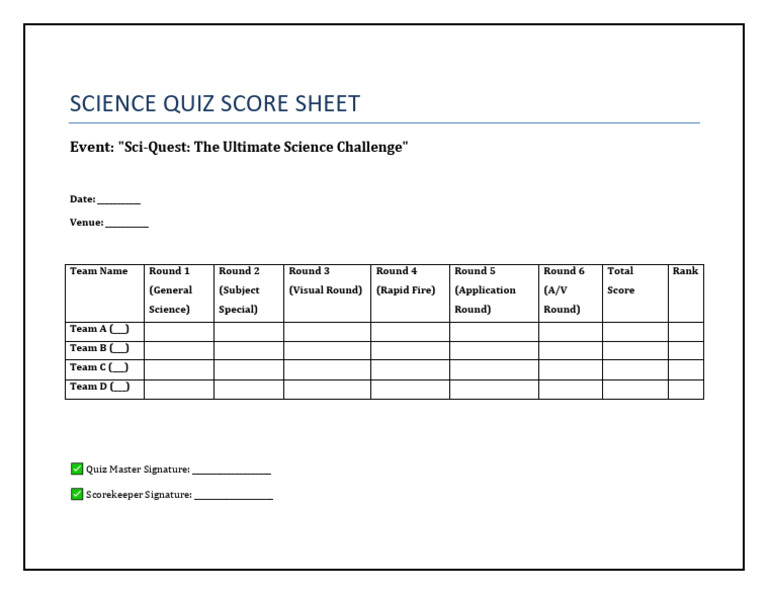 Science Quiz Score Sheet | PDF