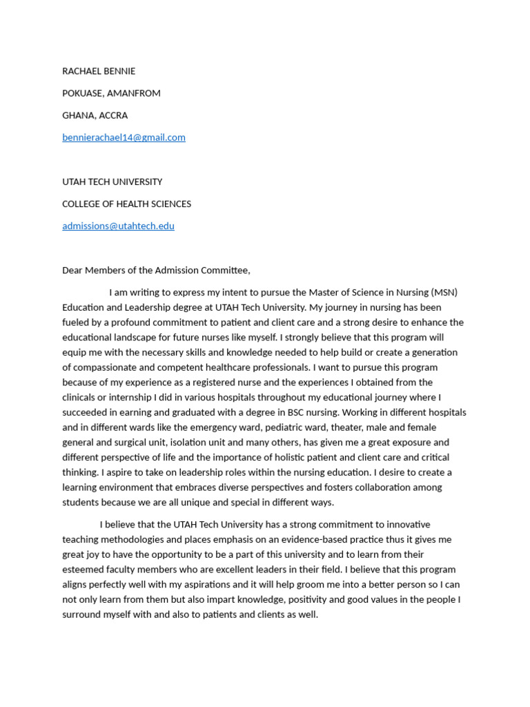 RACHAEL Personal Statement UTAH | PDF | Nursing | Health Care