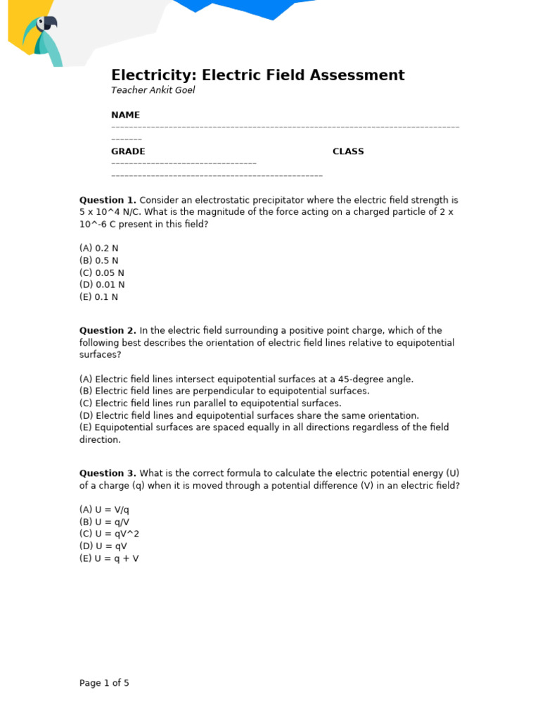 Electricity Electric Field Assessment | PDF | Electric Field | Force
