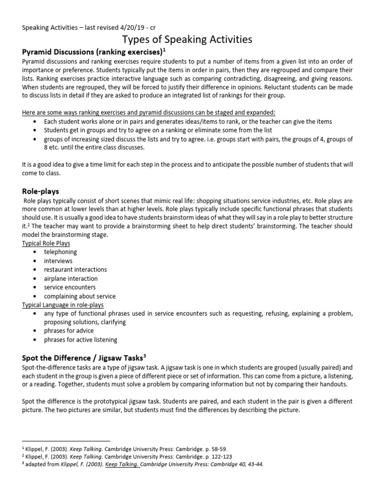 Types of Speaking Activities - Klippel | PDF | Brainstorming ...