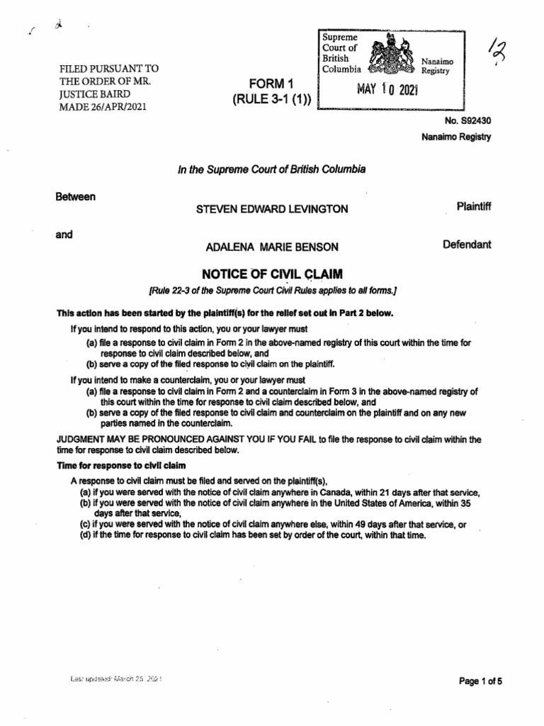 Levington v. Benson: Property Claim Notice | PDF | Cause Of Action ...