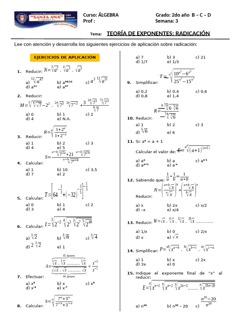 Ficha 02 Algebra B-C-D - 2do Sec - Radicación | PDF