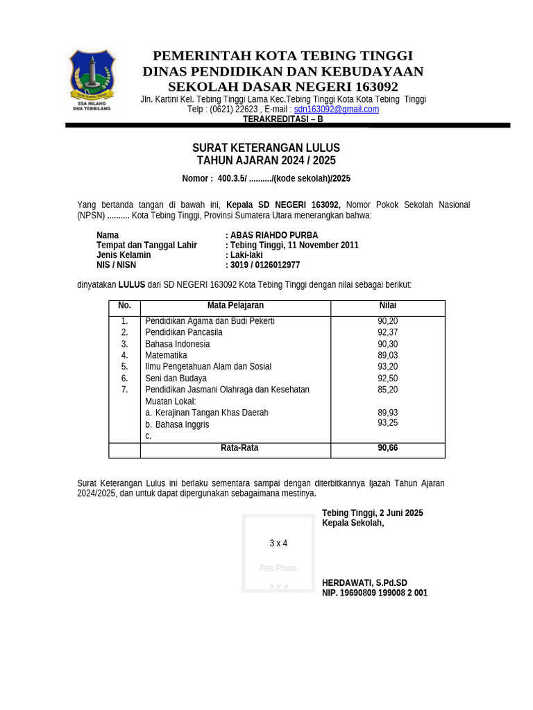 Surat Keterangan Lulus SD 2025 | PDF